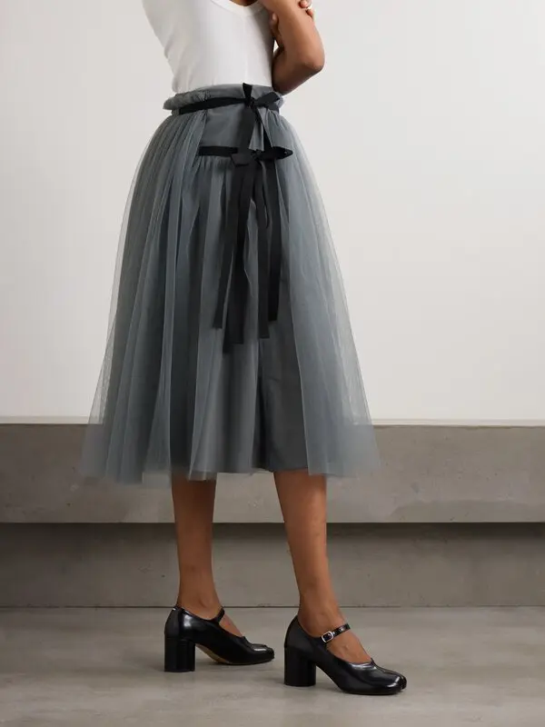 Molly Goddard Lottie Ruffled Grosgrain-Trimmed Tulle Midi Skirt In