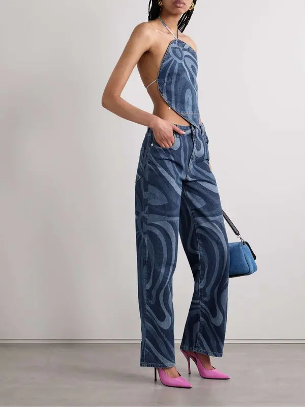 Emilio Pucci Cropped Printed Denim Halterneck Top