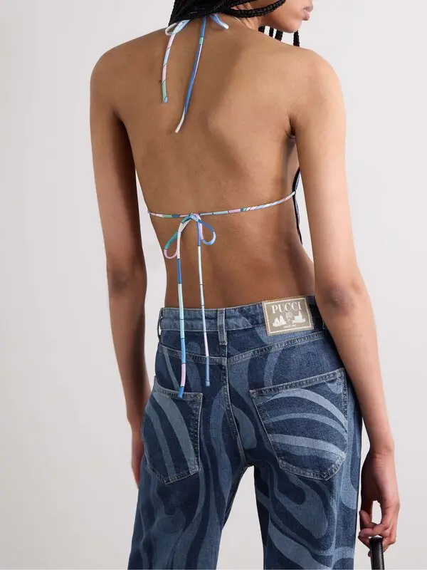 Emilio Pucci Cropped Printed Denim Halterneck Top