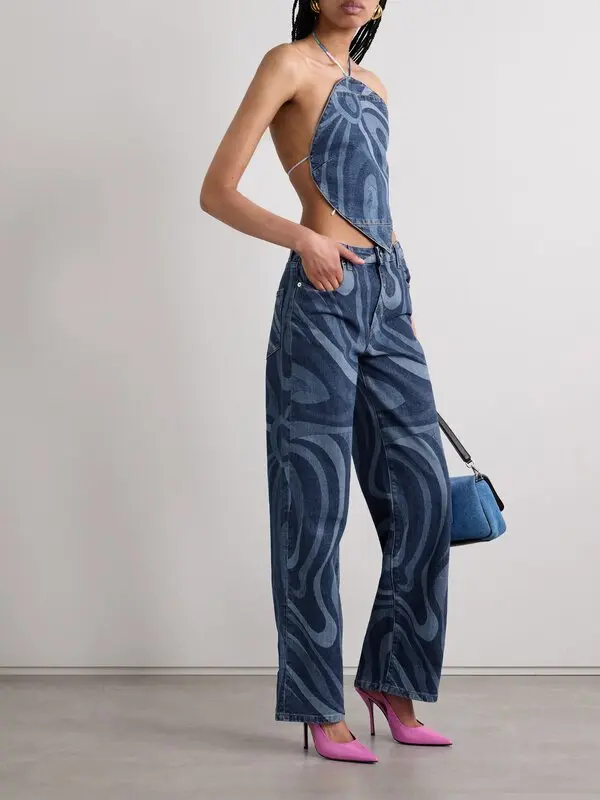 Emilio Pucci Cropped Printed Denim Halterneck Top