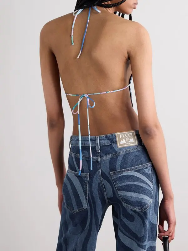 Emilio Pucci Cropped Printed Denim Halterneck Top