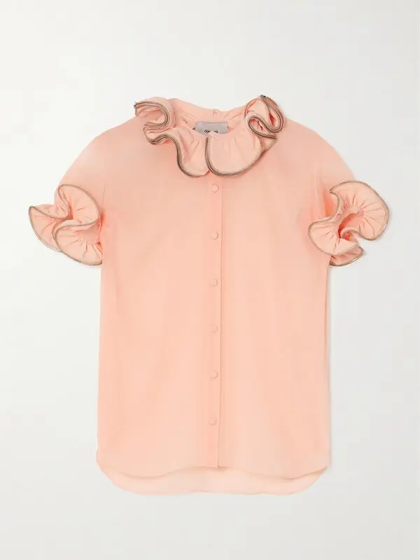 Coperni Zip-embellished Ruffled Chiffon Blouse - Orange