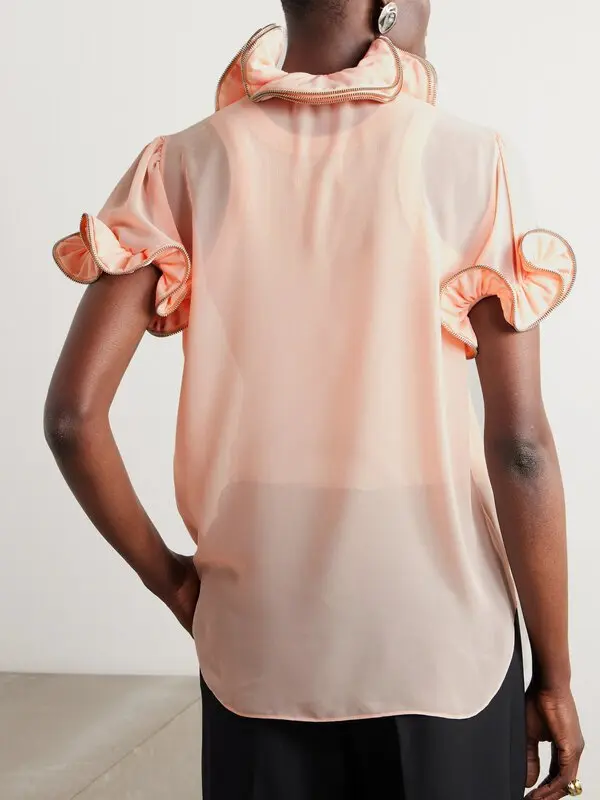 Coperni Zip-embellished Ruffled Chiffon Blouse - Orange