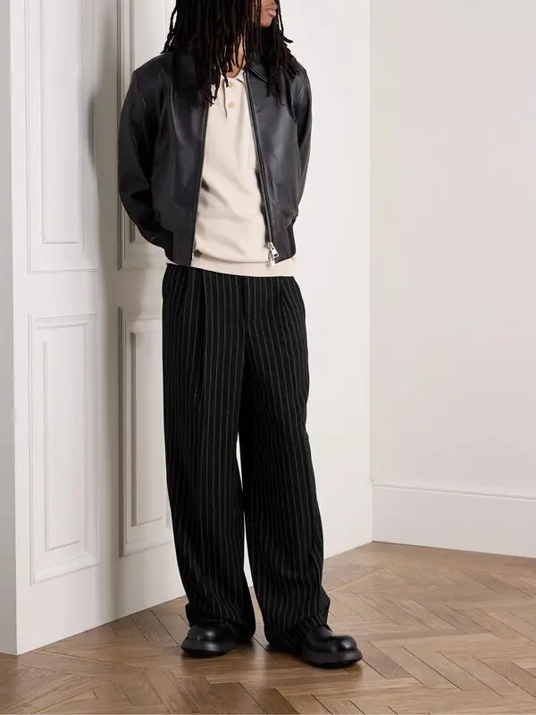 Ami Paris Wide-Leg Pleated Pinstriped Wool Trousers In Black - 50 