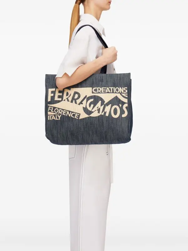FERRAGAMO Large Venna Logo-embroidered Tote Bag - Blue
