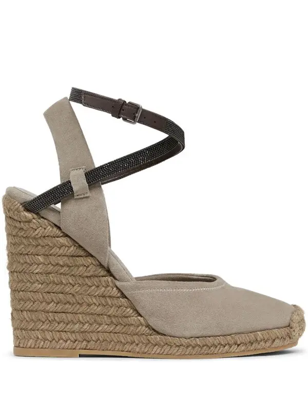 Brunello Cucinelli Monili-embellished Suede Wedge Sandals - Neutrals