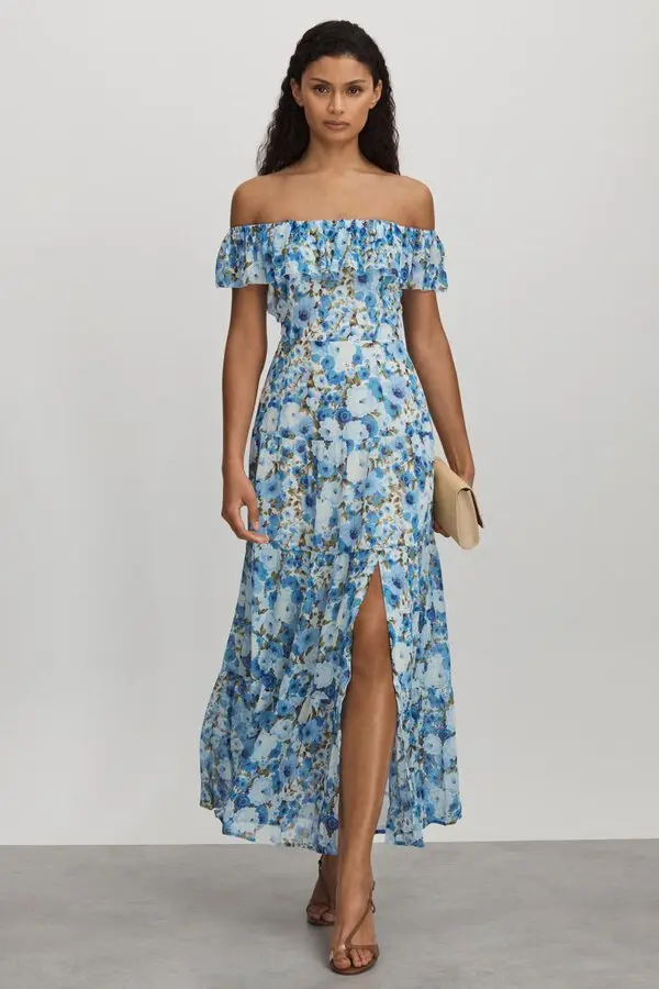 blue georgette flower maxi dress Paige Silk Floral Print In Multi - 50% Off DOLLY Elegant Sling Off bridesmaid dress Sweetheart neck evening party or any Size:14 QUICK SHIP