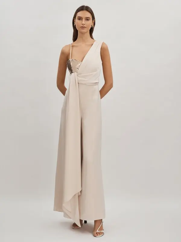 Halston Satin Sequin Jumpsuit - Champagne