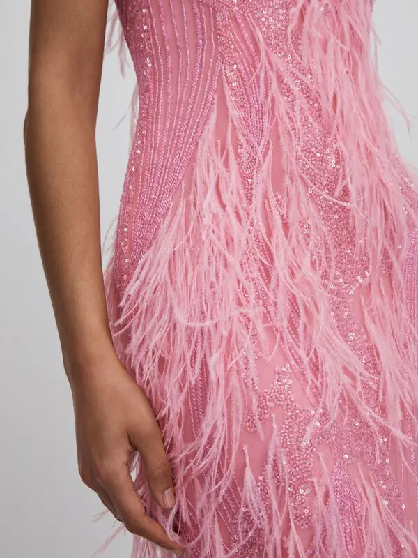knee length dresses for ladies P.A.R.O.S.H. Pink Polyester Sleeveless Midi Feather Shift Women's Dres