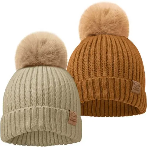 KEABABIES 2-pack Pom Knitted Beanie - Latte