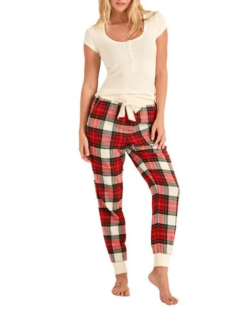 ADORE ME Caileigh T-shirt & Joggers Pajama Set - Plaid Beige