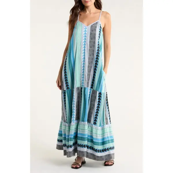 Elan Embroidered Tiered Cotton Blend Cover-up Maxi Dress - Blue Green Arrow Pri