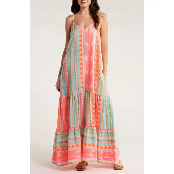 Elan Embroidered Tiered Cotton Blend Cover-up Maxi Dress - Neon Aztec