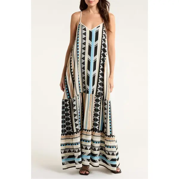 Elan Embroidered Tiered Cotton Blend Cover-up Maxi Dress - Neutral Aztec