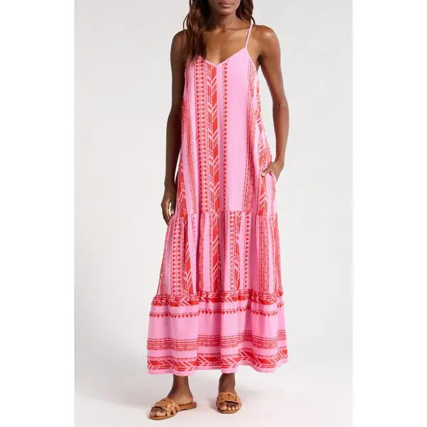 Elan Embroidered Tiered Cotton Blend Cover-up Maxi Dress - Red Two Tone