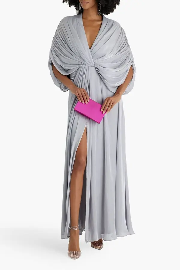 Badgley Mischka Draped Metallic Georgette Gown - Silver