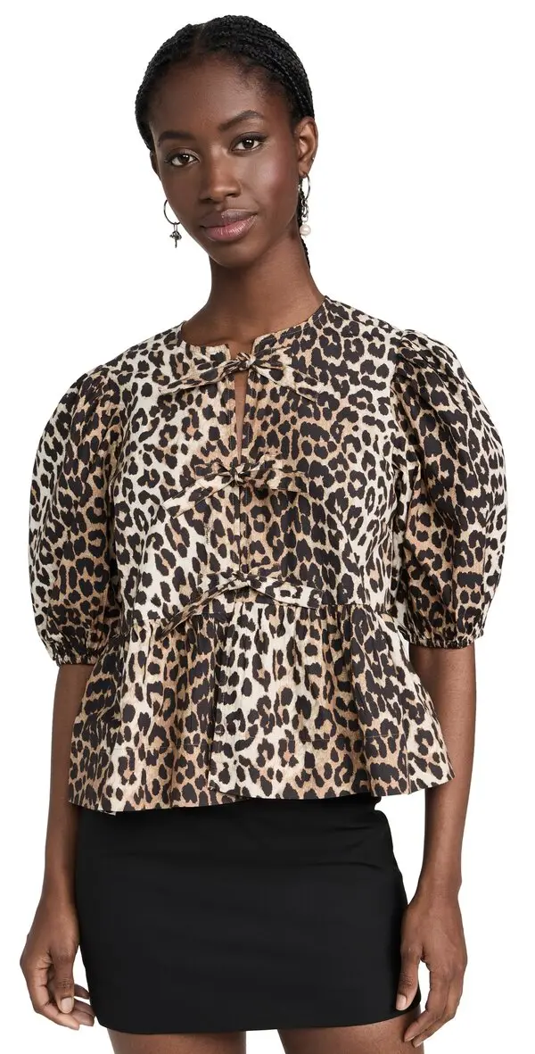 GANNI Printed Cotton Poplin Peplum Blouse - Leopard