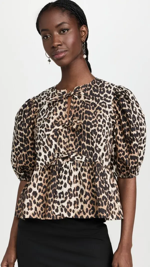 GANNI Printed Cotton Poplin Peplum Blouse - Leopard