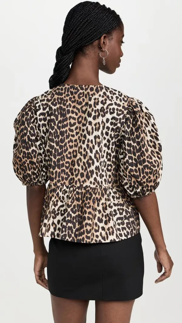 GANNI Printed Cotton Poplin Peplum Blouse - Leopard