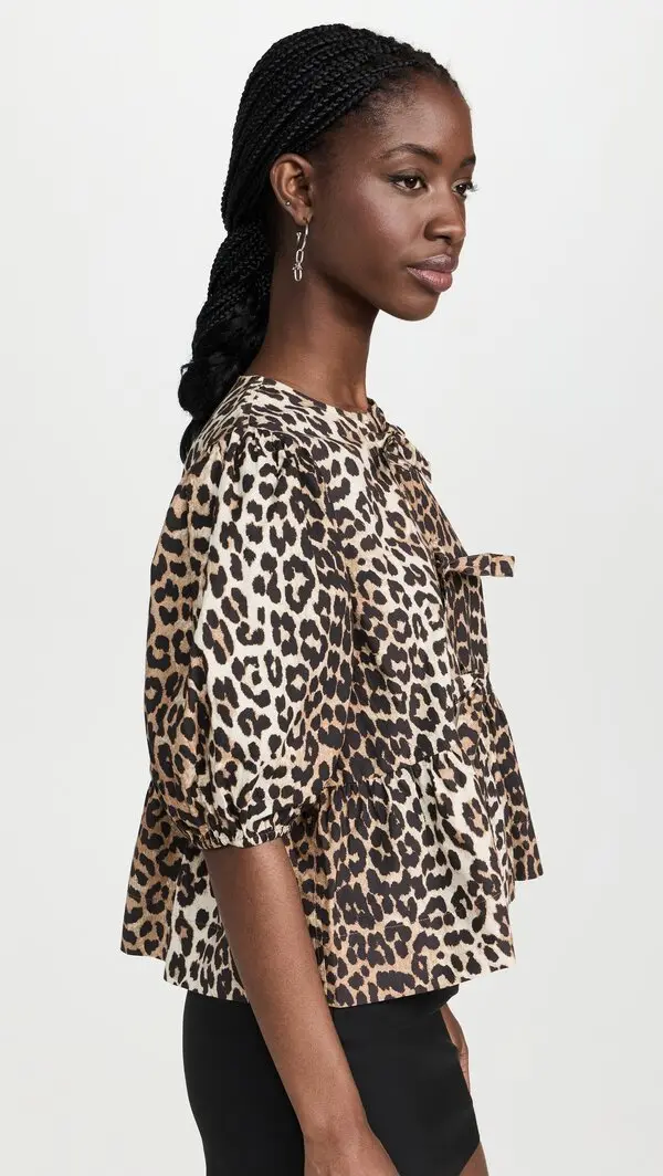 GANNI Printed Cotton Poplin Peplum Blouse - Leopard