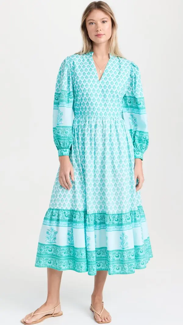 aqua cotton poplin gathered midi dress SEA Gathered gingham cotton-poplin midi dress