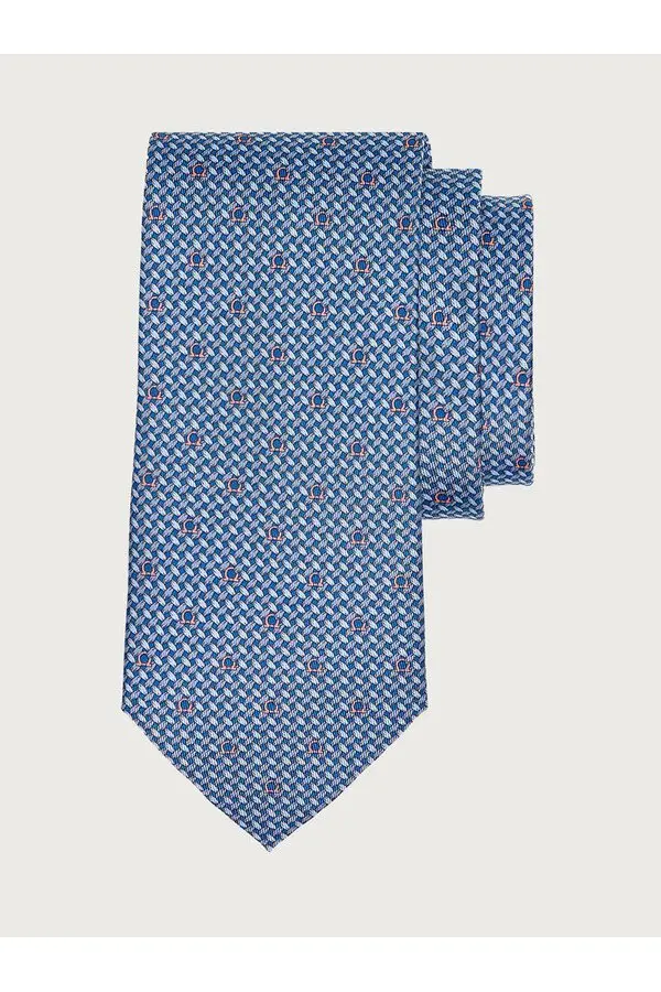 FERRAGAMO Gancini Print Silk Neck Tie - Blue