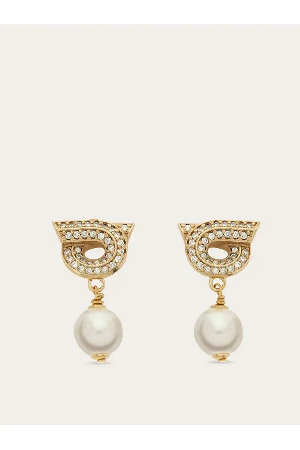 FERRAGAMO Gancini Earrings With Pearls And Crystals - Gold