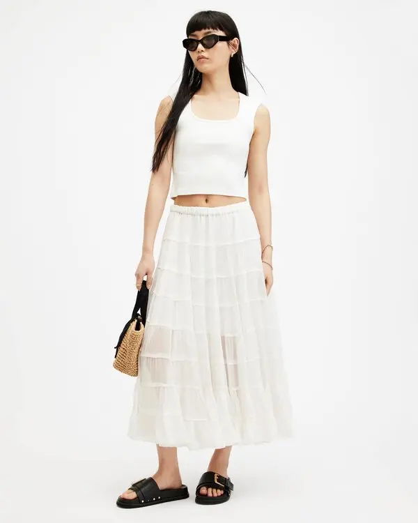 ALLSAINTS Eva Elasticated Waist Tiered Maxi Skirt - White