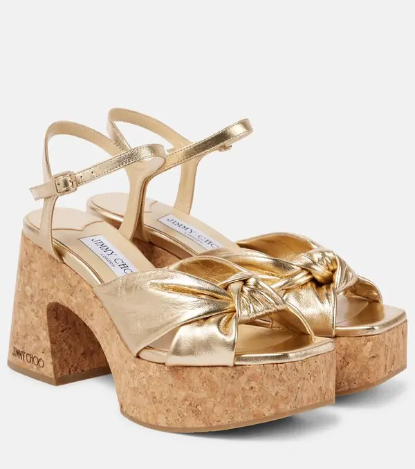 JIMMY CHOO Heloise 95 Metallic Leather Wedge Sandals - Gold