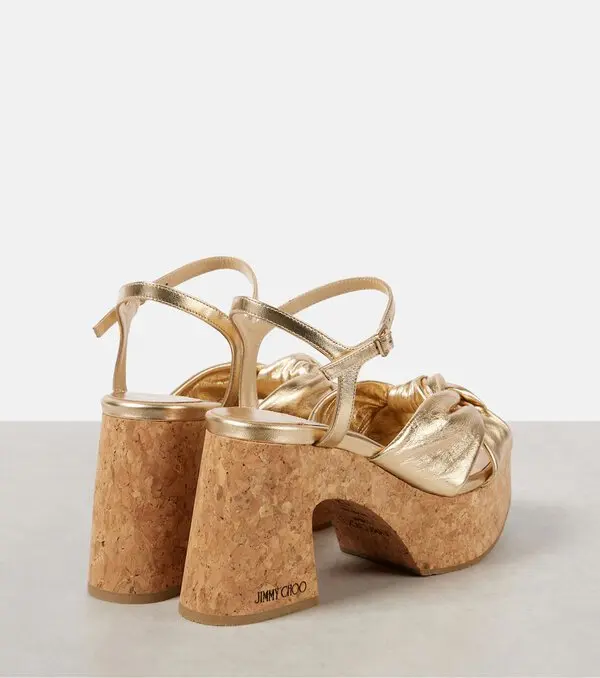 JIMMY CHOO Heloise 95 Metallic Leather Wedge Sandals - Gold