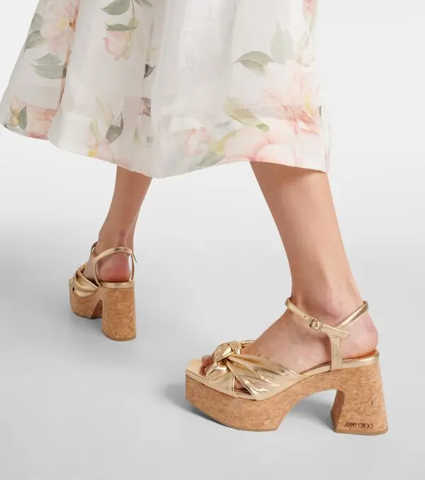 JIMMY CHOO Heloise 95 Metallic Leather Wedge Sandals - Gold