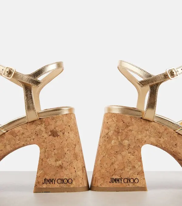 JIMMY CHOO Heloise 95 Metallic Leather Wedge Sandals - Gold
