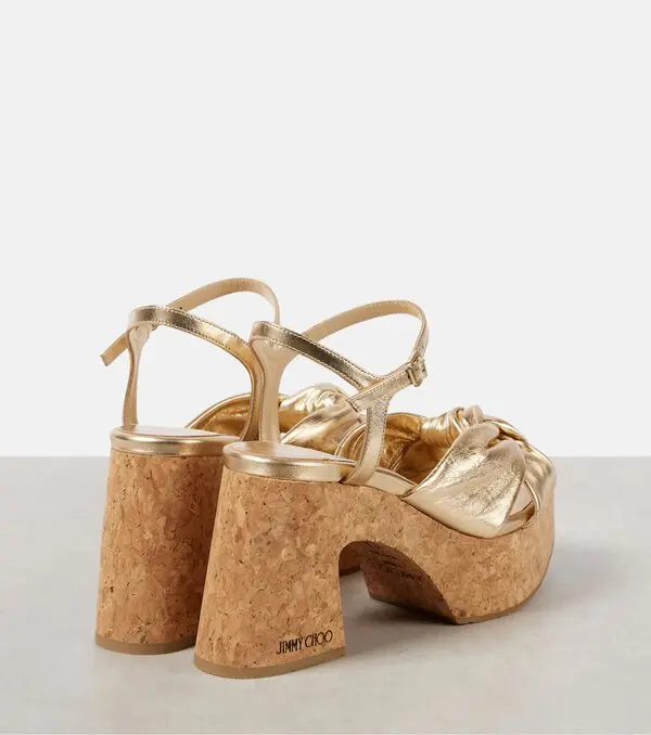 JIMMY CHOO Heloise 95 Metallic Leather Wedge Sandals - Gold