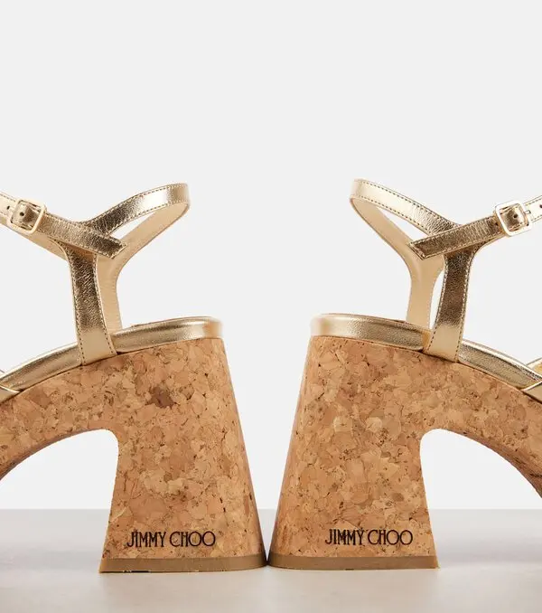 JIMMY CHOO Heloise 95 Metallic Leather Wedge Sandals - Gold
