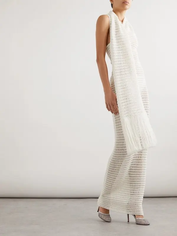 Alaïa Fringed Draped Open-knit Maxi Dress