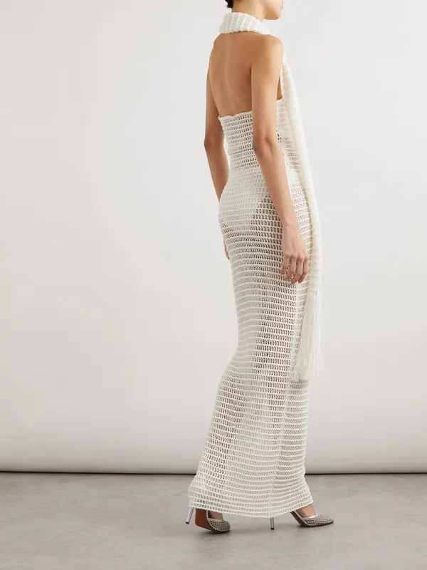 Alaïa Fringed Draped Open-knit Maxi Dress