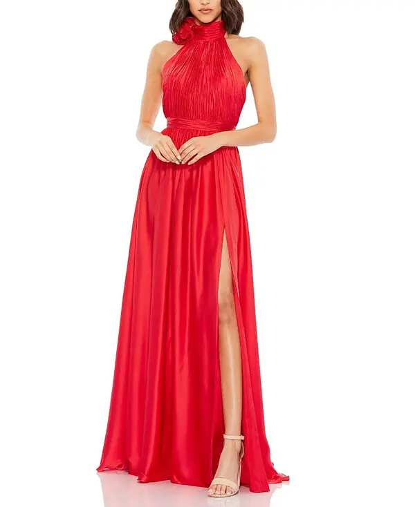 Mac Duggal Soft Tie Halter Neck Gown With High Slit - Cherry