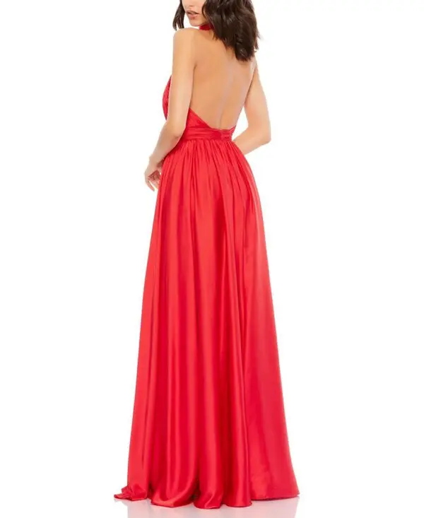Mac Duggal Soft Tie Halter Neck Gown With High Slit - Cherry