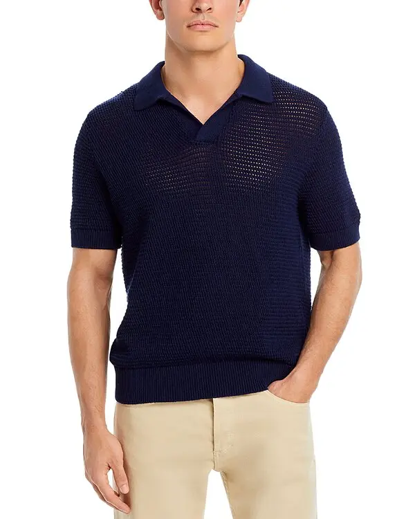 FRAME Mesh Short Sleeve Open Collar Polo Sweater - Navy