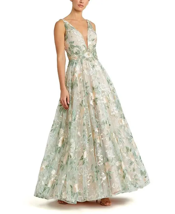 Mac Duggal Floral Embroidered Illusion V-neck Gown