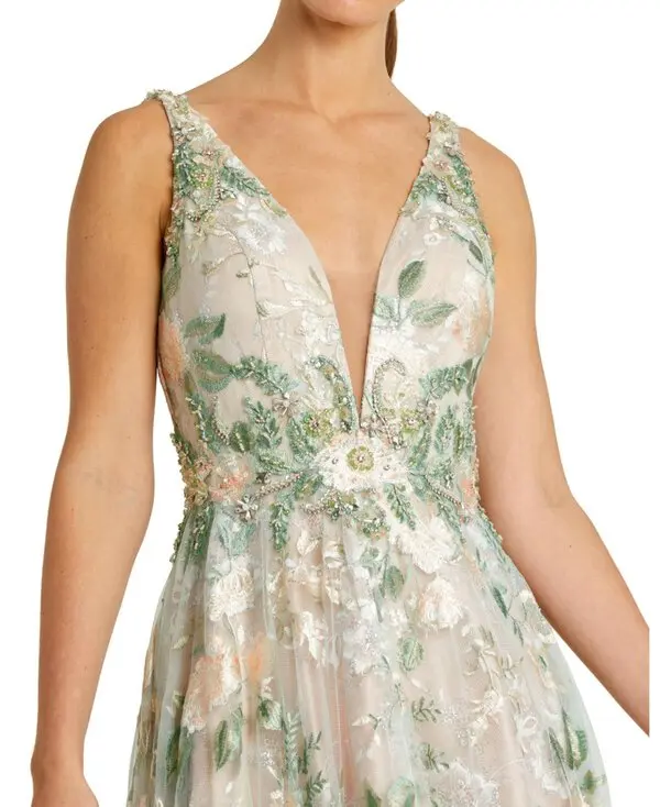 Mac Duggal Floral Embroidered Illusion V-neck Gown
