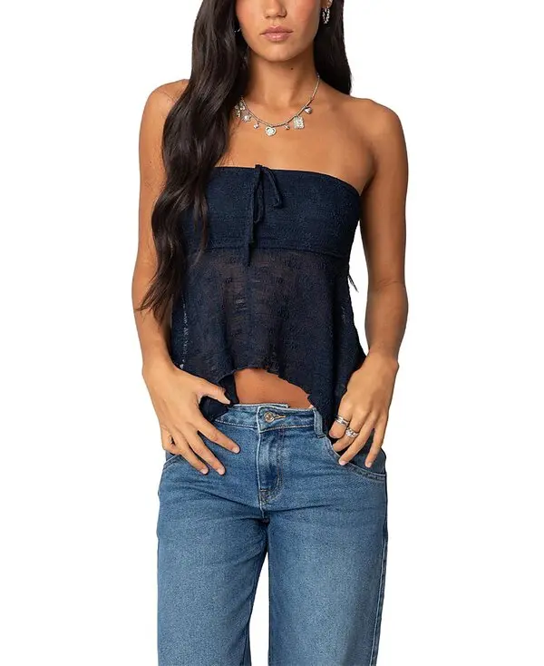 EDIKTED Embroidered Sheer Strapless Top - Navy