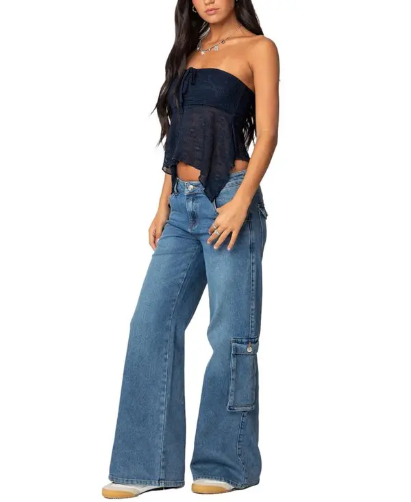 EDIKTED Embroidered Sheer Strapless Top - Navy