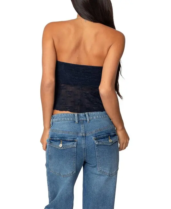 EDIKTED Embroidered Sheer Strapless Top - Navy