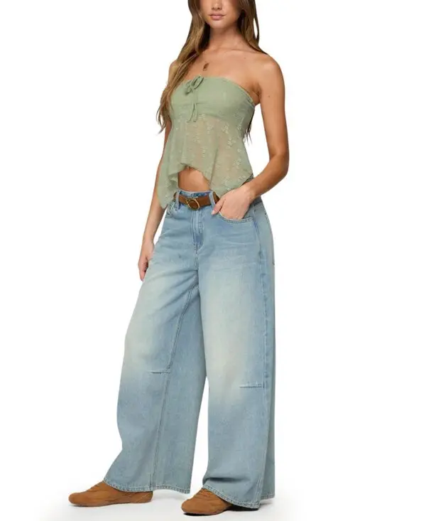 EDIKTED Embroidered Sheer Strapless Top - Sage