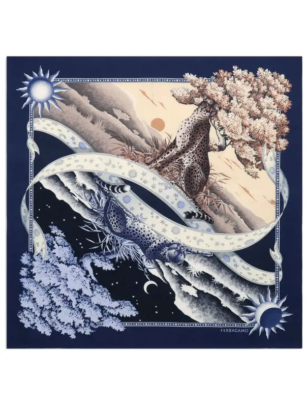 FERRAGAMO Day & Night-print Silk Scarf - Blue