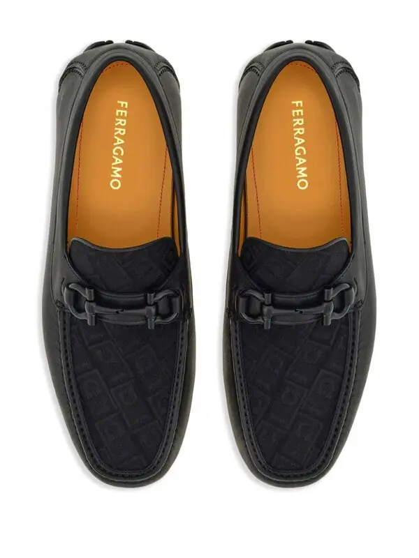 FERRAGAMO Gancini-jacquard Leather Loafers - Black