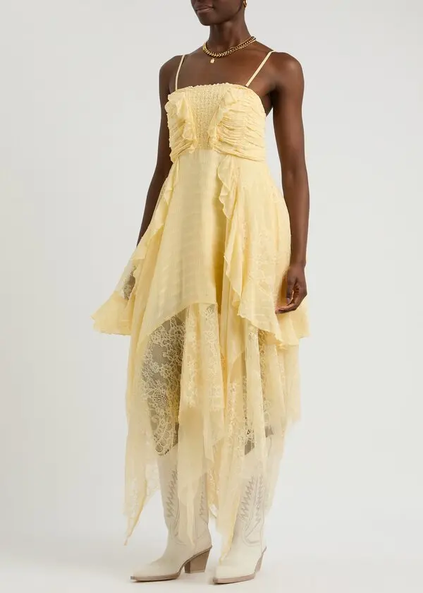 Free People Sheer Bliss Lace-Panelled Chiffon Midi Dress In Yellow - 60%  Off