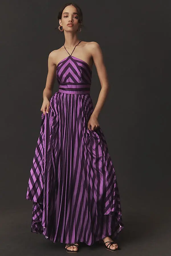 slim fit dress slacks Sleeveless Halter Pleated Long Dress – The Dress Outlet main image 0