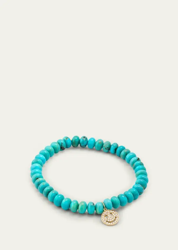 SYDNEY EVAN 14k Gold Pavé Happy Face Charm Turquoise Bracelet